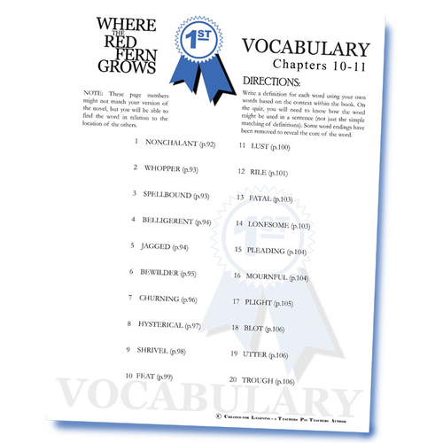 WHERE THE RED FERN GROWS Vocabulary List and Quiz (chapters 10-11 ...