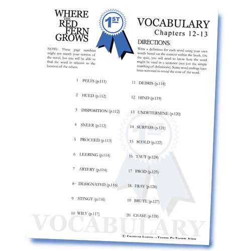 WHERE THE RED FERN GROWS Vocabulary List and Quiz (chapters 12-13 ...