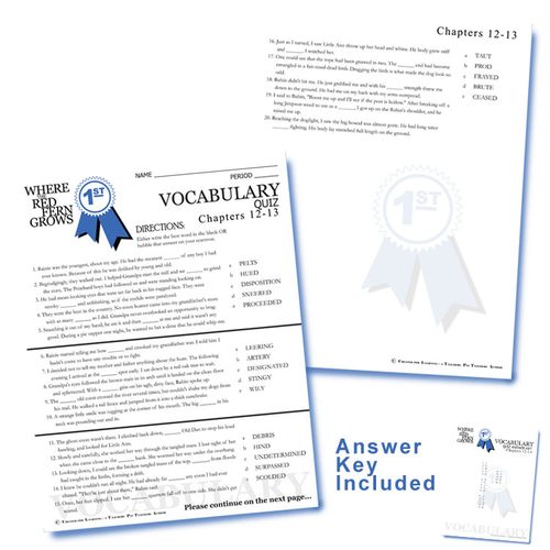 WHERE THE RED FERN GROWS Vocabulary List and Quiz (chapters 12-13 ...