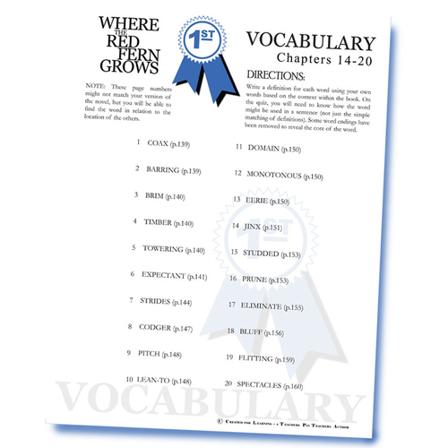 WHERE THE RED FERN GROWS Vocabulary List and Quiz (chapters 14-20 ...