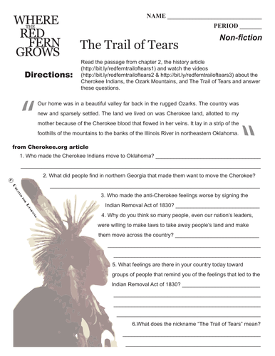 WHERE THE RED FERN GROWS Trail of Tears Historical Nonfiction ...