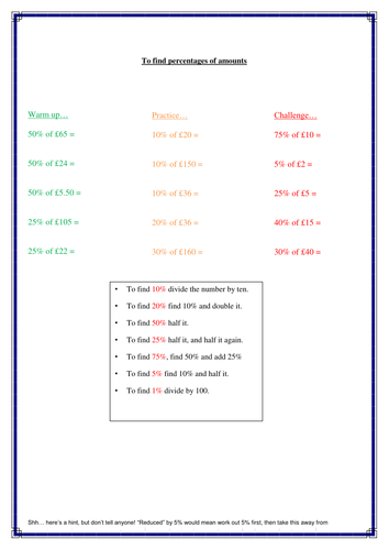 Finding percentages of amounts | Teaching Resources