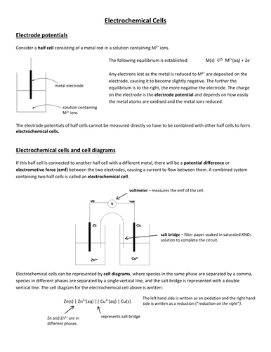 A-Level Electrochemical Cells Introductory Notes | Teaching Resources