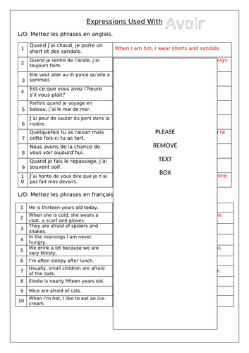 FRENCH - Expressions used with AVOIR - Worksheets | Teaching Resources