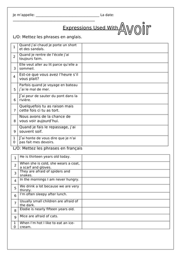 FRENCH - Expressions used with AVOIR - Worksheets | Teaching Resources