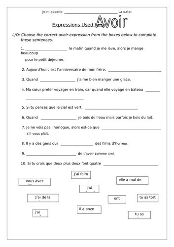FRENCH - Expressions used with AVOIR - Worksheets | Teaching Resources