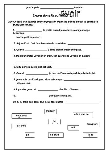 FRENCH - Expressions used with AVOIR - Worksheets | Teaching Resources