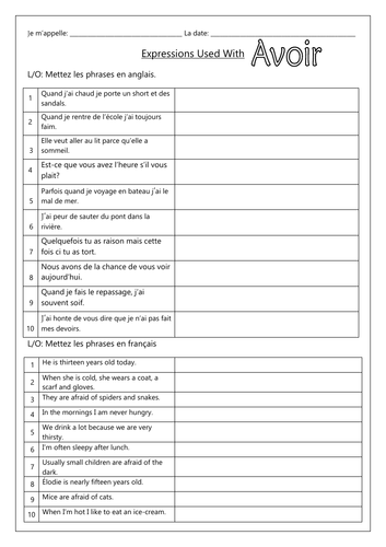 FRENCH - Expressions used with AVOIR - Worksheets | Teaching Resources