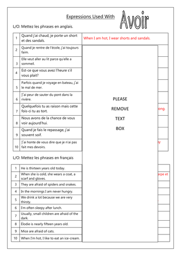 FRENCH - Expressions used with AVOIR - Worksheets | Teaching Resources