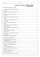 FRENCH - Expressions used with AVOIR - Worksheets | Teaching Resources