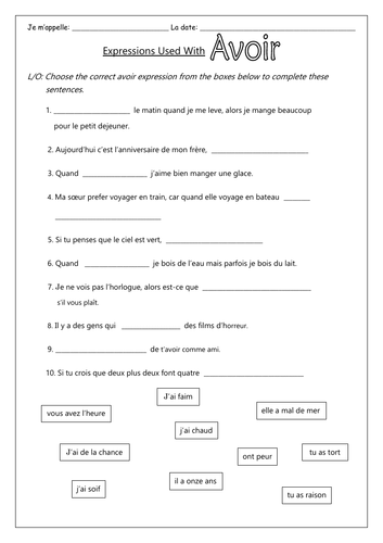 FRENCH - Expressions used with AVOIR - Worksheets | Teaching Resources