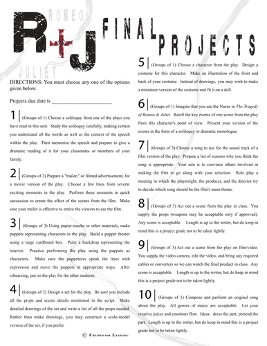 ROMEO AND JULIET Final Projects | Teaching Resources