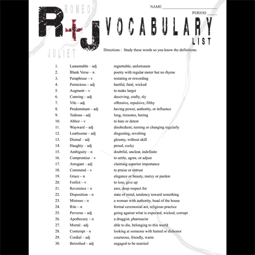 ROMEO AND JULIET Vocabulary List and Quiz Assessment | Teaching Resources