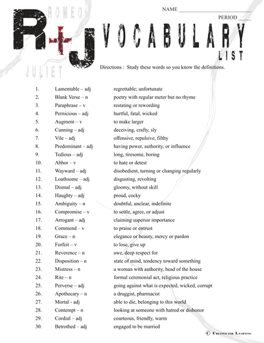 ROMEO AND JULIET Vocabulary List and Quiz Assessment | Teaching Resources