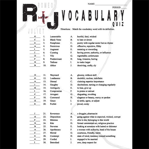 ROMEO AND JULIET Vocabulary List and Quiz Assessment | Teaching Resources