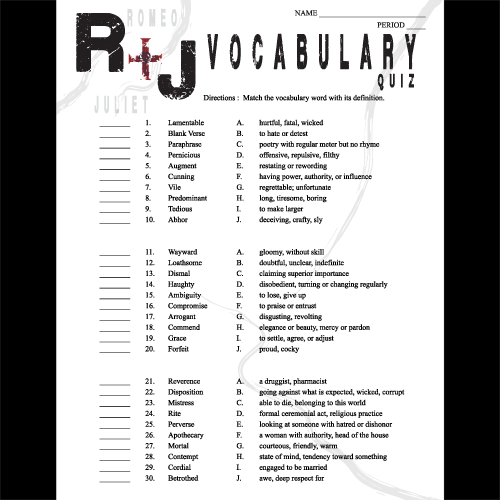 ROMEO AND JULIET Vocabulary List and Quiz Assessment | Teaching Resources