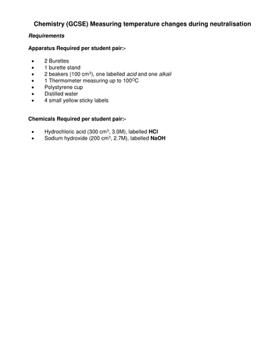 Chemistry (GCSE) Measuring temperature changes during neutralisation ...