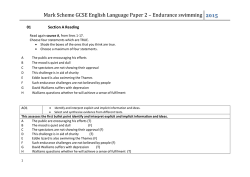 AQA New Spec GCSE English Language Paper 2 Swimming Challenge ...