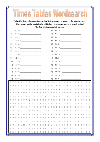 Times Tables Wordsearch Activity Sheet by - UK Teaching Resources - TES