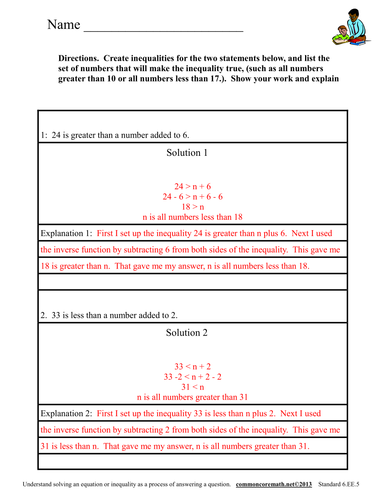 Solve and Explain Equations and Inequalities - 6.EE.5 | Teaching Resources