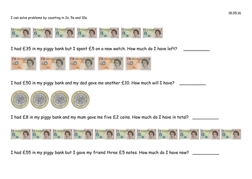 Year 1 - Counting in 2s, 5s and 10s using money and solving problems ...