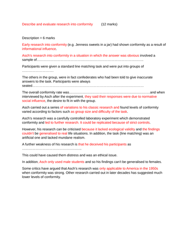 Describe and evaluate research into conformity 12 mark essay new spec ...