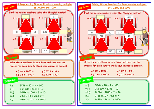 Missing numbers - the equals sign - multiplying and dividing by 10, 100 ...