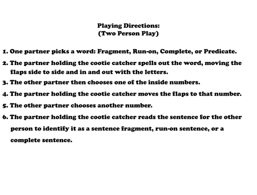 Fragments and Run-Ons Cootie Catchers | Teaching Resources