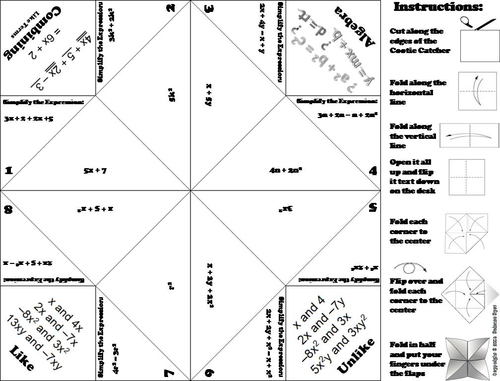 Combining Like Terms Cootie Catchers | Teaching Resources