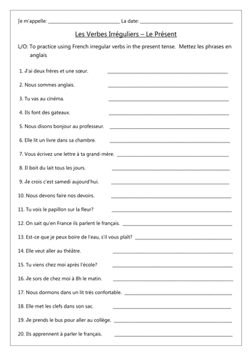 FRENCH - Top 20 Irregular Verbs at a Glance | Teaching Resources