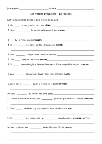 FRENCH - Top 20 Irregular Verbs at a Glance | Teaching Resources