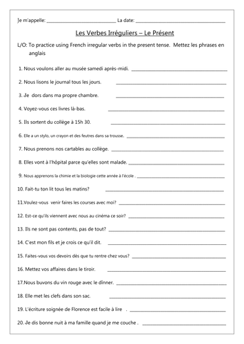 FRENCH - Top 20 Irregular Verbs at a Glance | Teaching Resources