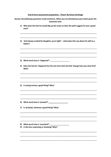Poetry Assessment on 'Poem' by Simon Armitage | Teaching Resources
