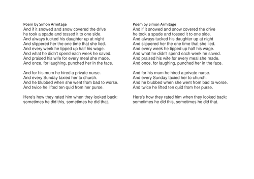 Poetry Assessment on 'Poem' by Simon Armitage | Teaching Resources