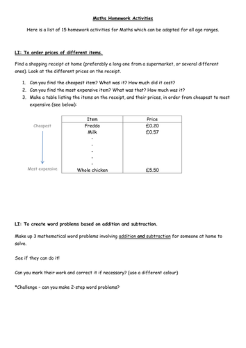 Maths Homework Activities KS1-KS2 | Teaching Resources