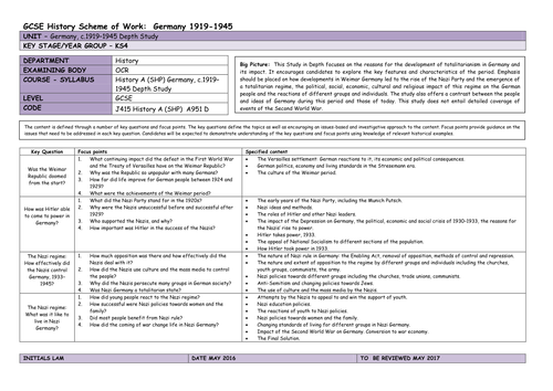 Scheme of Work Depth Study Germany 1918-1945 | Teaching Resources