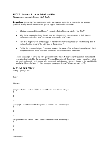 Inherit the Wind by Lawrence and Lee, Essay Questions with template for ...