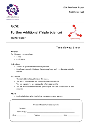 GCSE Predicted Paper - Further Additional Chemistry (Unit 3) for Triple ... GCSE Predicted Paper - Further Additional Chemistry (Unit 3) for Triple ...