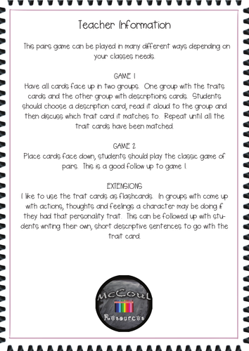 Character Traits Lesson and Game | Teaching Resources