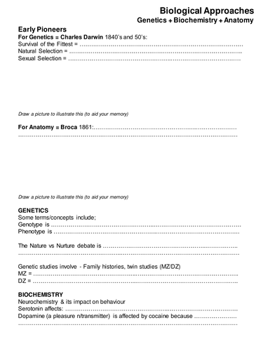 AS PSY Biological Approach Worksheet (fill in) | Teaching Resources