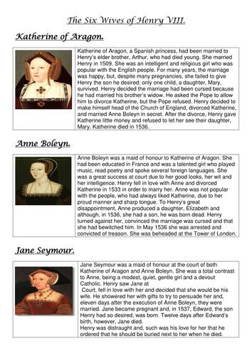 KS2 Henry VIII's six wives note taking information and note taking ...
