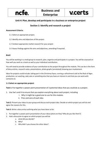 Ncfe V Cert Business Enterprise Unit 4 Tasks Worksheets And Assessment Forms Teaching Resources