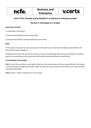 Ncfe V Cert Business Enterprise Unit 4 Tasks Worksheets And Assessment Forms Teaching Resources