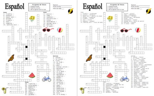 Spanish Summer Crossword Puzzle Worksheet and Vocabulary | Teaching ...