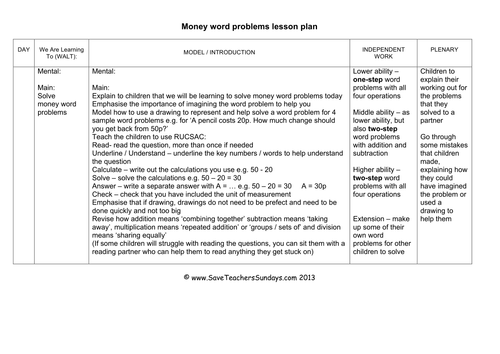 Money Word Problems KS2 Worksheets, Lesson Plans and Model Worksheet ...
