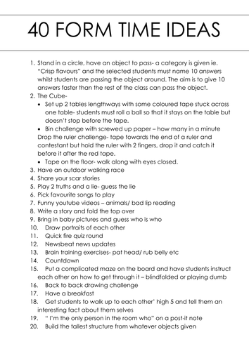 Bank of form time ideas and activities | Teaching Resources