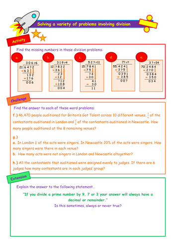 Dividing in a variety of contexts including missing number problems ...