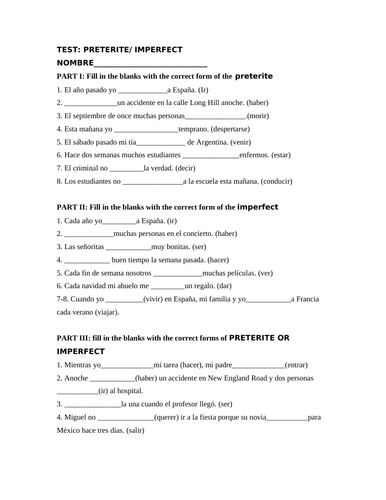 preterit imperfect test spanish | Teaching Resources
