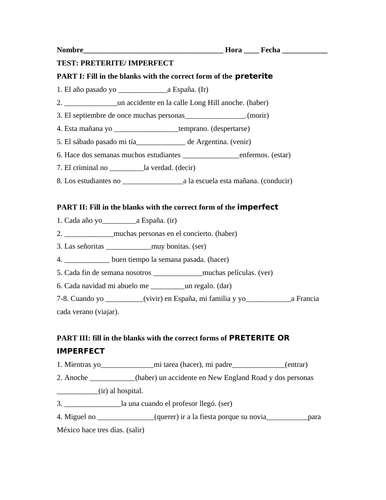 preterit imperfect test spanish | Teaching Resources