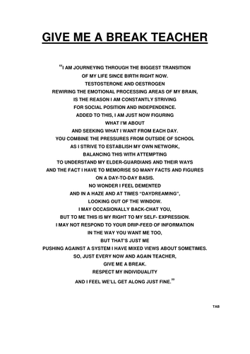 STUDENT VOICE - GIVE ME A BREAK TEACHER | Teaching Resources